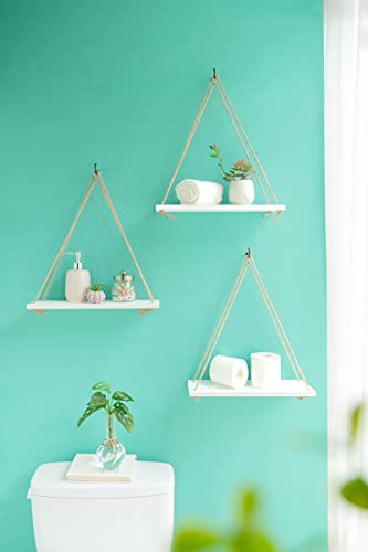 Mkono Wood Hanging Shelves for Wall Boho Decor Swing Rope Rustic Floating Shelf, Set of 3 Wall Display Shelving Home Organizer Rack for Living Room Bedroom Bathroom Kitchen,White