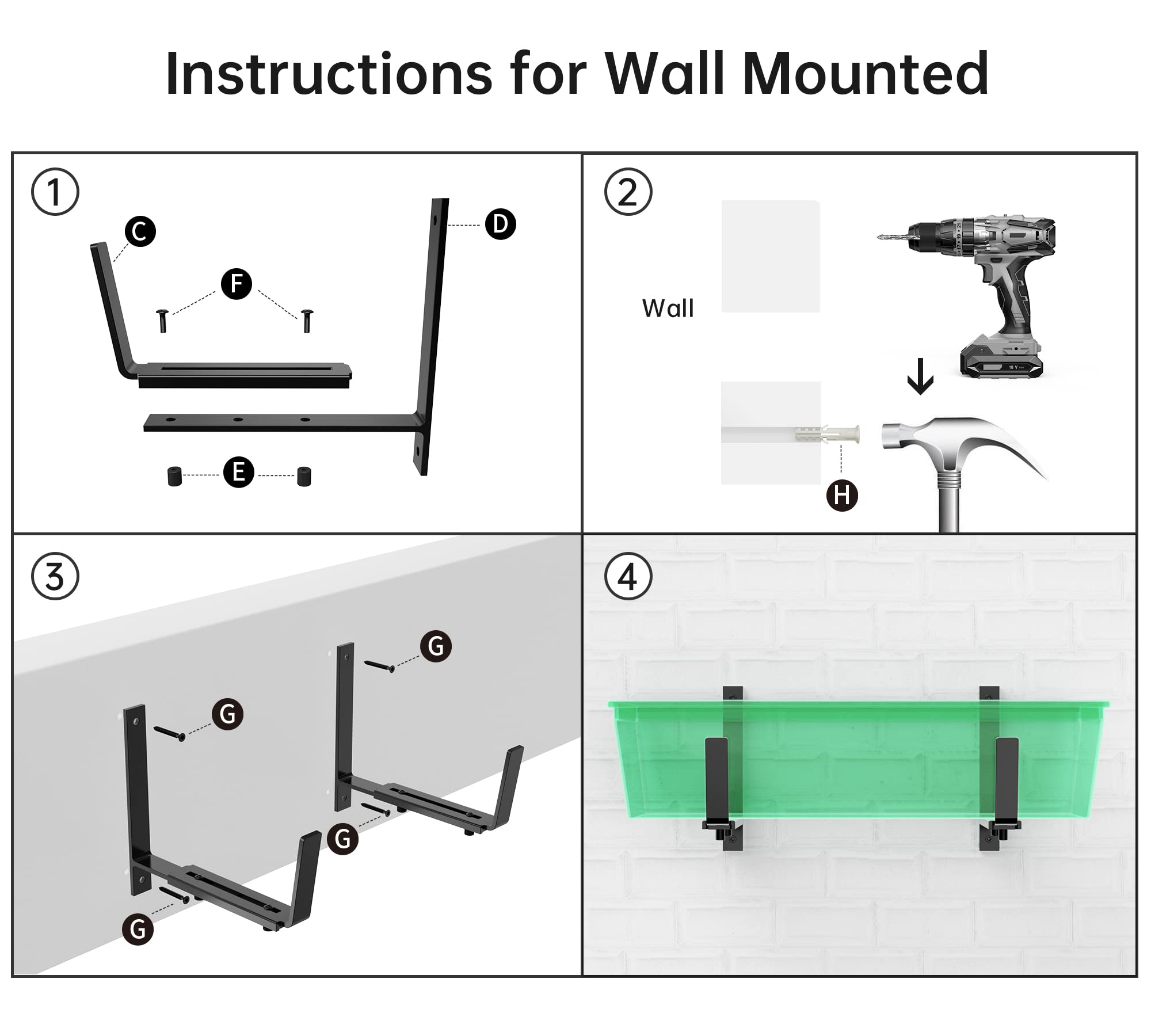 Y&M Adjustable Planter Box Brackets, Brackets for Window Boxes Planters, 4 Packs Universal Outdoor Hanging Brackets, Black Steel Mounting Durable, Suitable for Fence Pergola Patio Garden Balcony