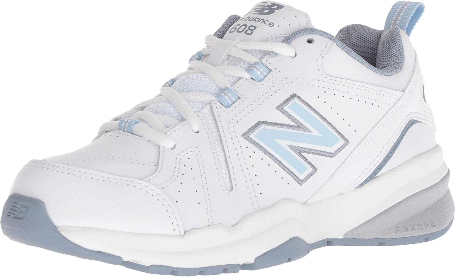 New Balance Women's 608 V5 Casual Comfort Cross Trainer, White/Light Blue, 7.5 Wide