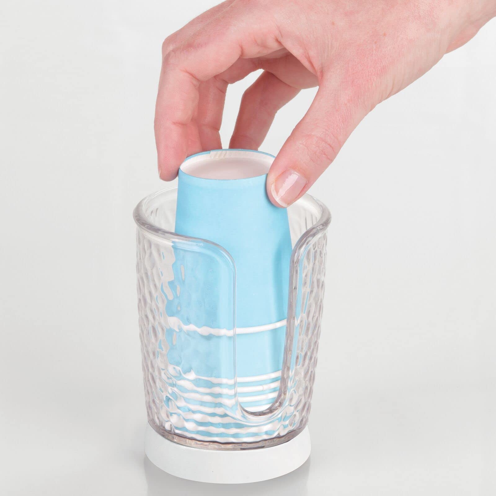 mDesign Plastic/Steel Compact Small Disposable Paper Cup Dispenser Storage Holder for Rinsing Cups on Bathroom Vanity Countertops - Rain Collection - Clear/White