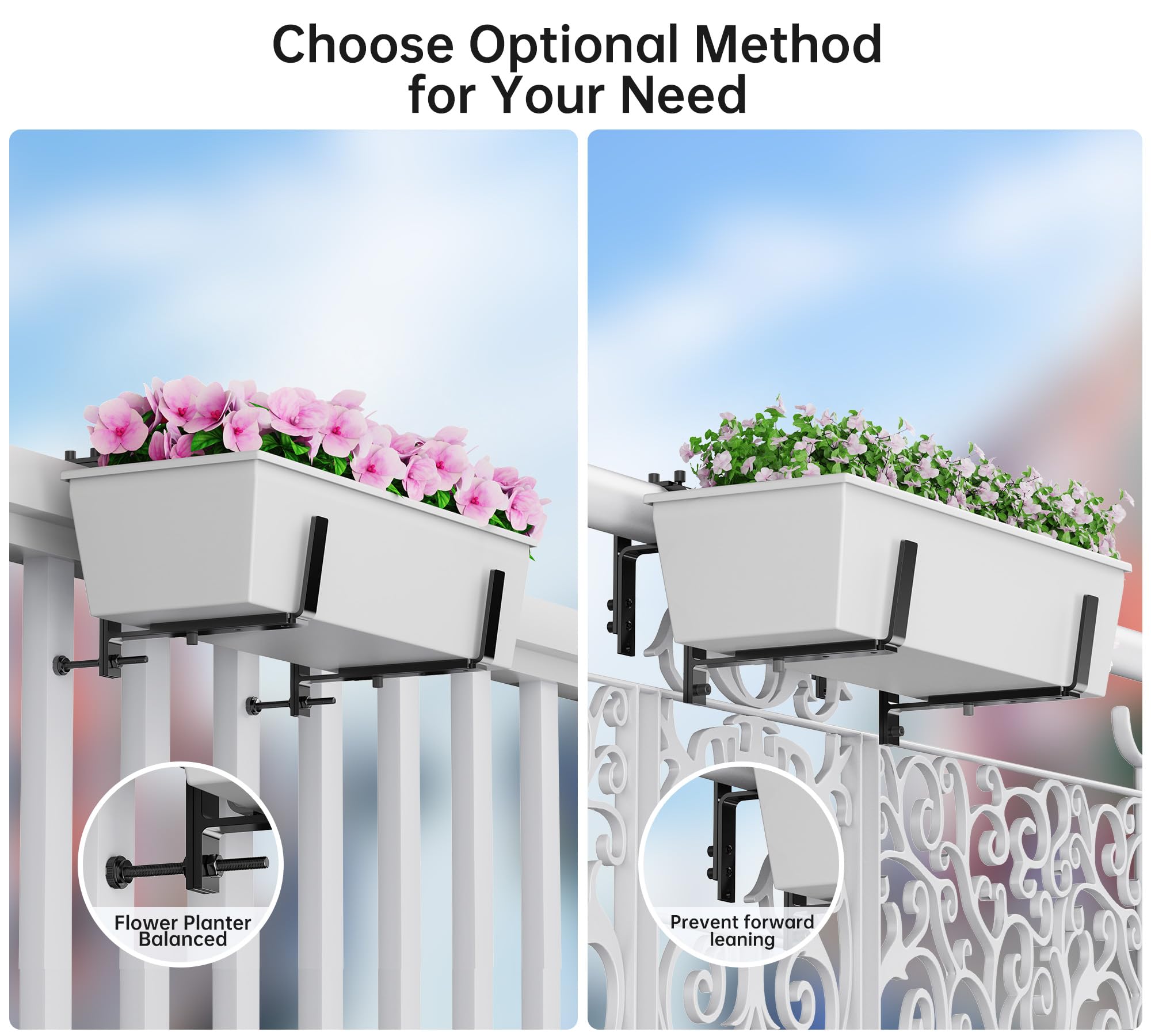 Y&M Adjustable Planter Box Brackets, Brackets for Window Boxes Planters, 4 Packs Universal Outdoor Hanging Brackets, Black Steel Mounting Durable, Suitable for Fence Pergola Patio Garden Balcony
