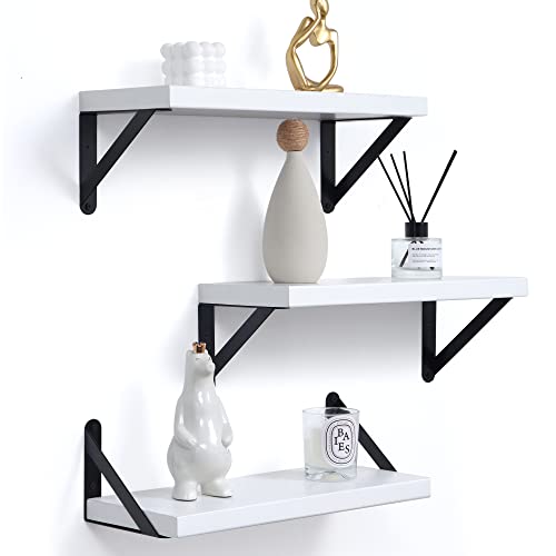 fuqing® White Floating Shelves Wall Mounted Set of 3, Wood Wall Shelves for Bedroom, Bathroom, Living Room, Kitchen, Laundry Room Storage & Decoration