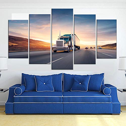 HAOSHUNDA Semi Truck Big Rig On The Highway Poster Living Room Decor 5 Panel Canvas Print Wall Art Gallery Wrapped(Framed) (8x14x2,8x18inx2,8x22inx1)