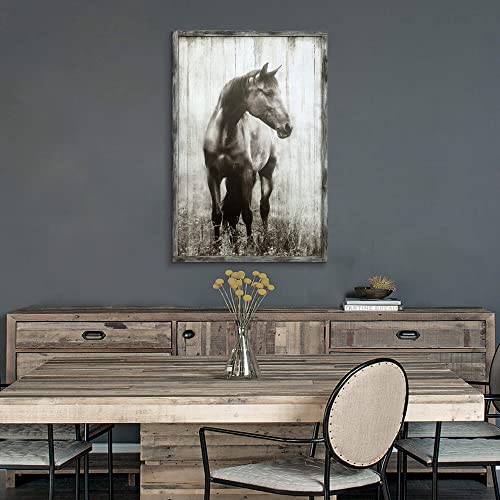 Horse Print Rustic Framed Painting: Gray Wildlife Animal Wooden Wall Art Portrait Picture Decor Artwork for Bedroom Farmhouse 24"x36"