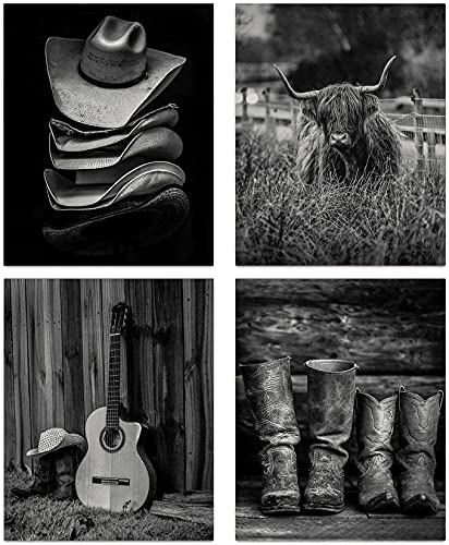 NIIO Western Cowboy Wall Art, Highland Cow Print, Boots Straw Hat and Longhorn Decor Vintage Farmhouse Canvas for Men's Bedroom, Set of 4(8inx10in, Unframed)