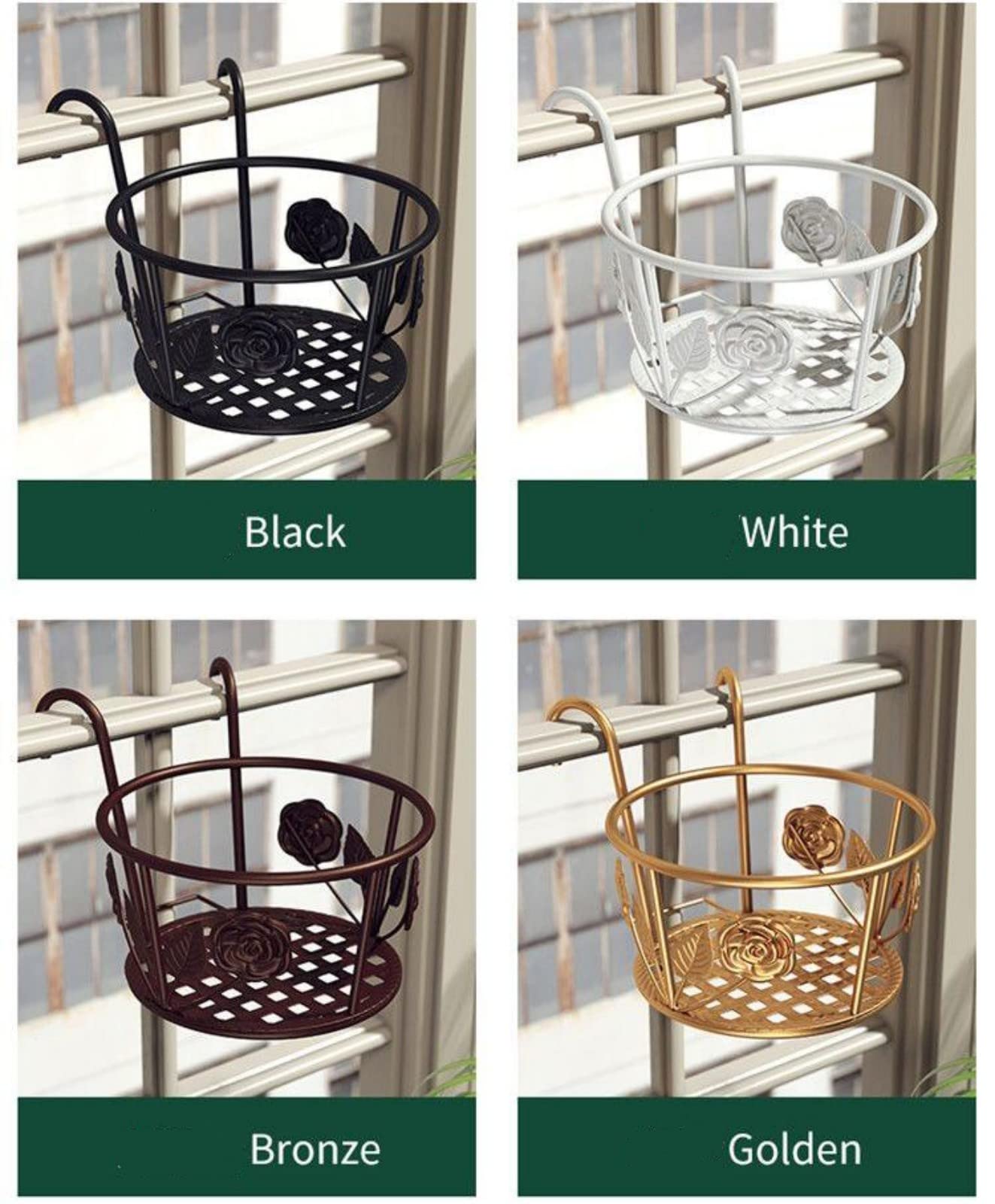 KIPAACCL Balcony Planters Railing Hanging Flower Pot Holders 2 Pack,Plant Iron Racks Fence Metal Potted Stand Mounted Balcony Round Plant Baskets Shelf Container Box for Indoor&Outdoor Use