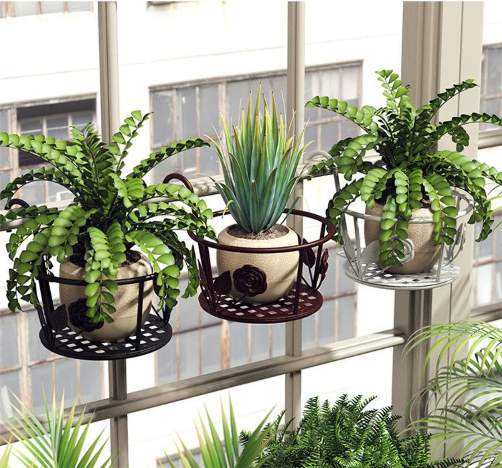 KIPAACCL Balcony Planters Railing Hanging Flower Pot Holders 2 Pack,Plant Iron Racks Fence Metal Potted Stand Mounted Balcony Round Plant Baskets Shelf Container Box for Indoor&Outdoor Use
