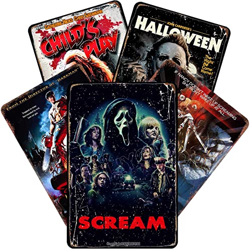 KULIYOLI Vintage Horror Decor Tin Sign Horror Posters Bedroom Man Cave Bars Clubs Horror Wall Decor 8" x 12" 5Pcs