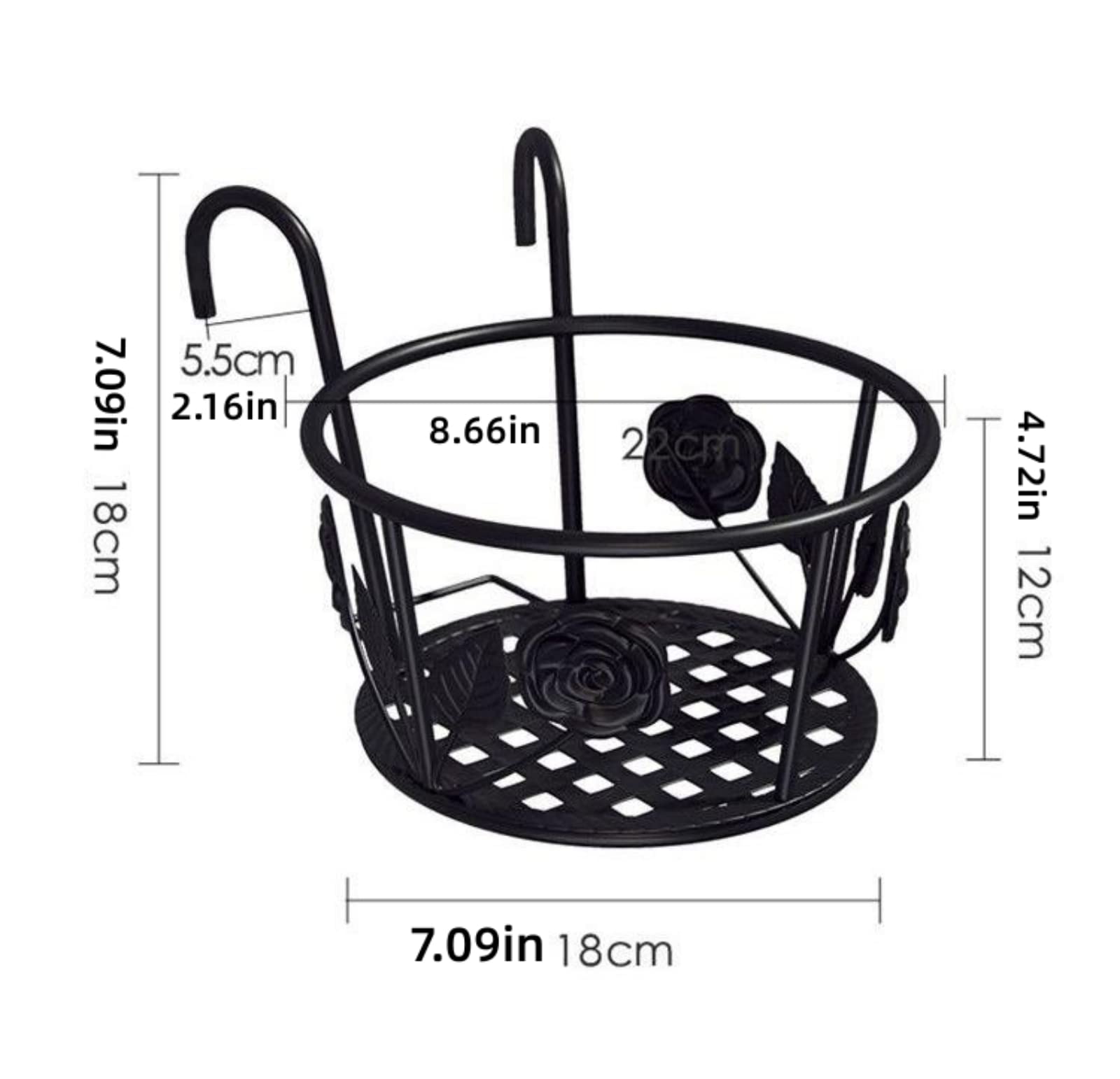 KIPAACCL Balcony Planters Railing Hanging Flower Pot Holders 2 Pack,Plant Iron Racks Fence Metal Potted Stand Mounted Balcony Round Plant Baskets Shelf Container Box for Indoor&Outdoor Use
