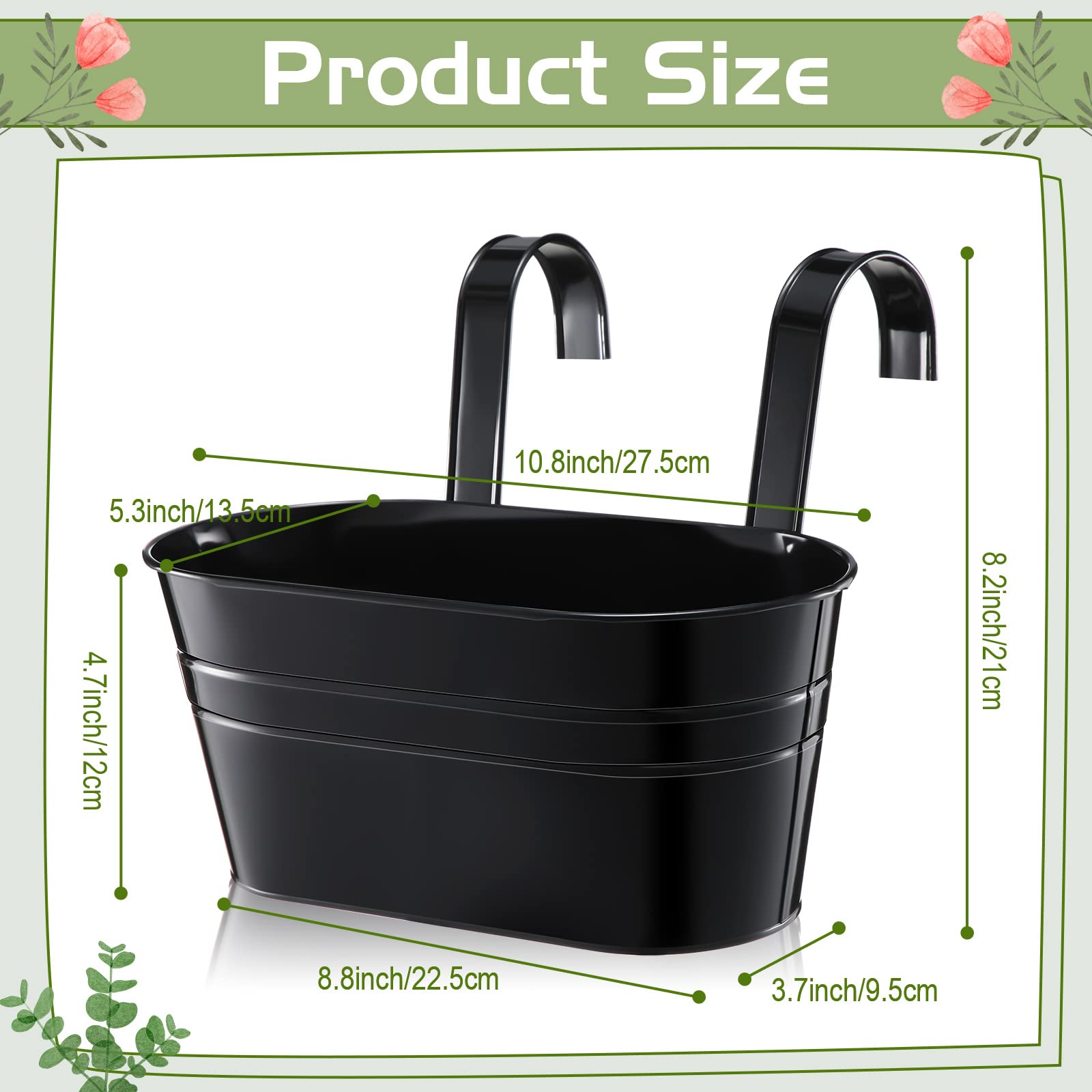 Zubebe 20 Pack Metal Iron Hanging Flower Holders Balcony Railing Planters Bucket Flower Pots with Detachable Hook Large Hanging Planters Rustic Herb Railing Planter for Indoor Outdoor Garden (Black)