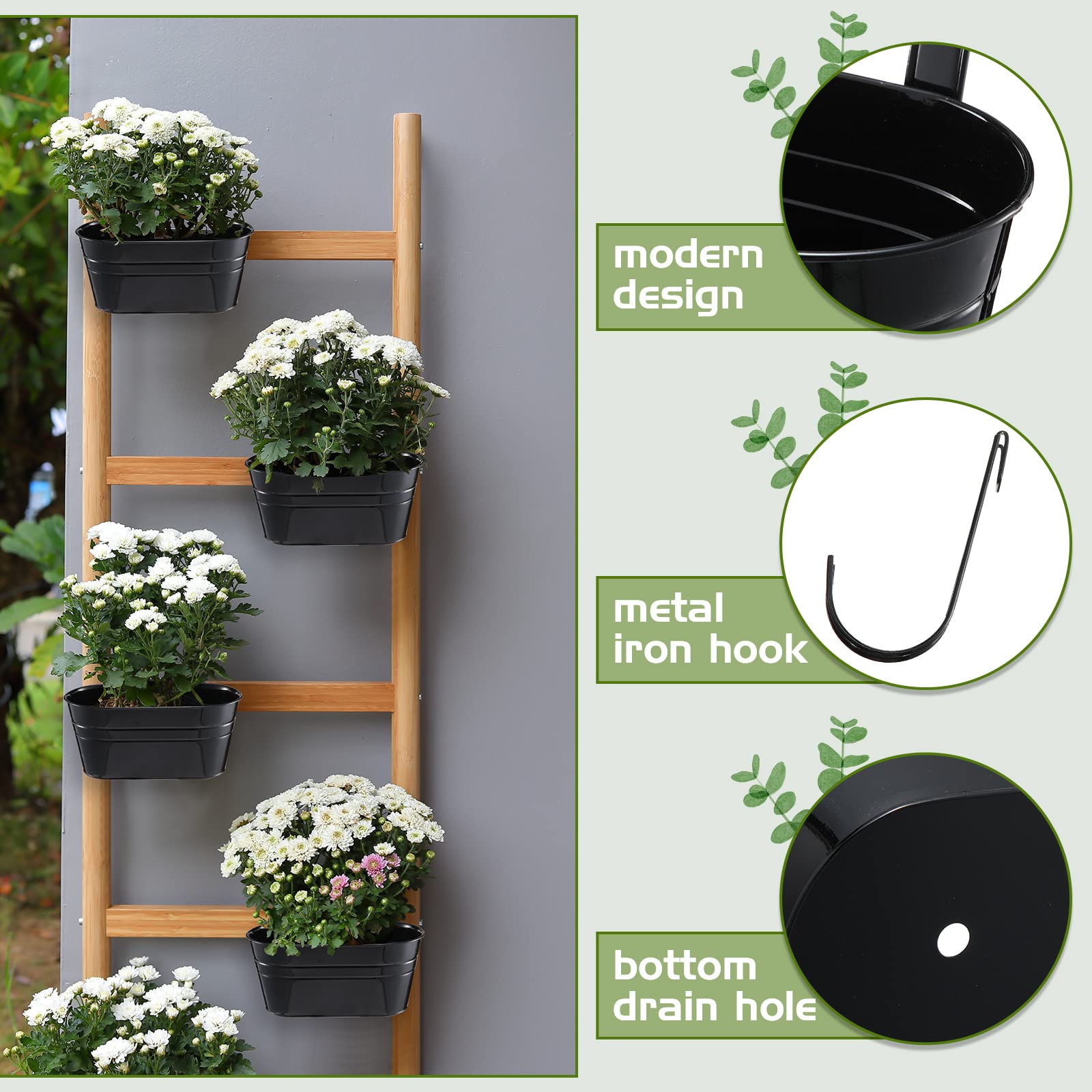 Zubebe 20 Pack Metal Iron Hanging Flower Holders Balcony Railing Planters Bucket Flower Pots with Detachable Hook Large Hanging Planters Rustic Herb Railing Planter for Indoor Outdoor Garden (Black)