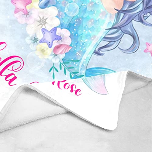 Custom Blanket Personalized Cute Mermaid and Fish Soft Fleece Throw Blanket with Name for Gifts Sofa Bed (50 X 60 inches)