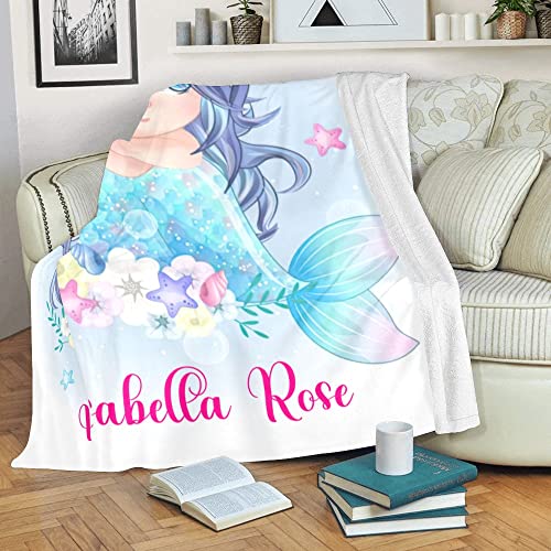 Custom Blanket Personalized Cute Mermaid and Fish Soft Fleece Throw Blanket with Name for Gifts Sofa Bed (50 X 60 inches)