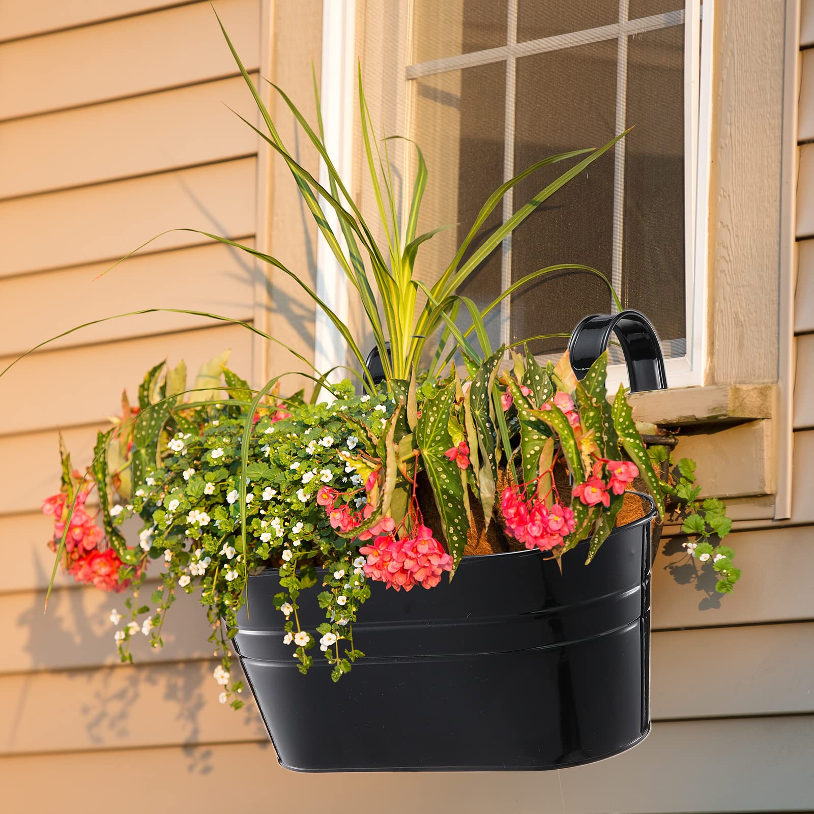 Zubebe 20 Pack Metal Iron Hanging Flower Holders Balcony Railing Planters Bucket Flower Pots with Detachable Hook Large Hanging Planters Rustic Herb Railing Planter for Indoor Outdoor Garden (Black)