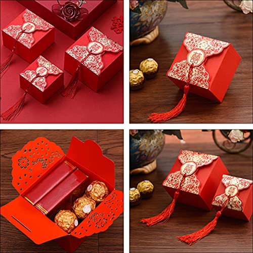 KESYOO 20pcs Wedding Party Favor Boxes Chinese Style Xi Candy Chocolate Gift Boxes with Tassels for Wedding Baby Shower Birthday Party (Red) M