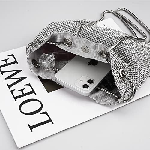 Linkidea Rhinestone Bucket Bag for Women, Evening Lady Purse, Party Prom Wedding Crossbody Shoulder Handbag (Silver)