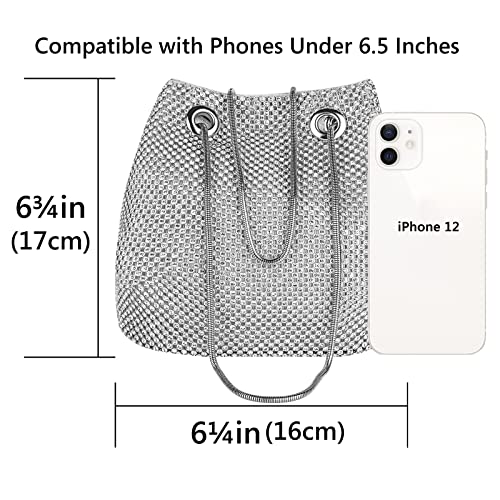 Linkidea Rhinestone Bucket Bag for Women, Evening Lady Purse, Party Prom Wedding Crossbody Shoulder Handbag (Silver)