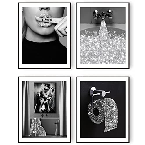 Admmixoo Funny Bathroom Decor Wall Art Prints Glam Glitter Tissue Bathroom Toilet Paper Artwork for Wall Black and White Modern Fashion Art Decor (11"x14" UNFRAMED)