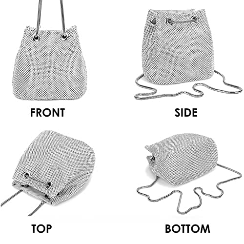 Linkidea Rhinestone Bucket Bag for Women, Evening Lady Purse, Party Prom Wedding Crossbody Shoulder Handbag (Silver)