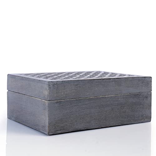 Mela Artisans Decorative Storage Box with Hinged Lid - Distressed Dove Grey, XL | 10.5β x 7.5β x 4β | Rustic Trellis Design | Mango Wood Crafted | Ideal for Keepsakes, Trinkets, Jewelry & Other Stash