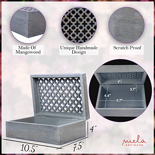 Mela Artisans Decorative Storage Box with Hinged Lid - Distressed Dove Grey, XL | 10.5β x 7.5β x 4β | Rustic Trellis Design | Mango Wood Crafted | Ideal for Keepsakes, Trinkets, Jewelry & Other Stash