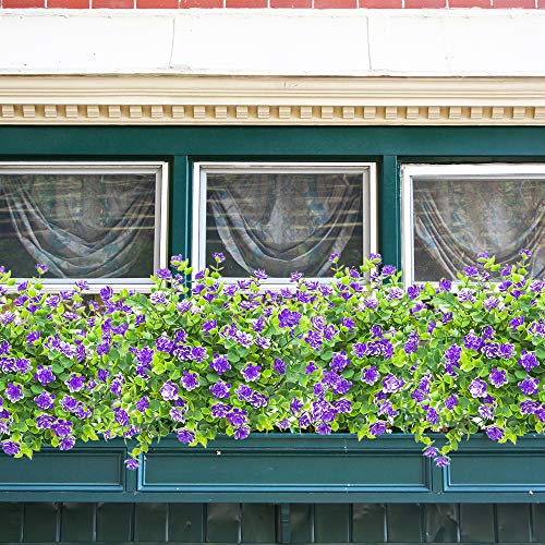 Grunyia 10 Bundles Artificial Fake Flowers, Faux Outdoor Plastic Plants UV Resistant Shrubs Outside Indoor Decorations (Blue-Eucalyptus)
