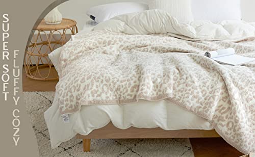 100% Polyester Microfiber Fluffy Leopard Knitted Throw Blanket Super Soft Cozy Lightweight Thick Blanket for Sofa Couch Bed 51"X71" Stone /Cream¡