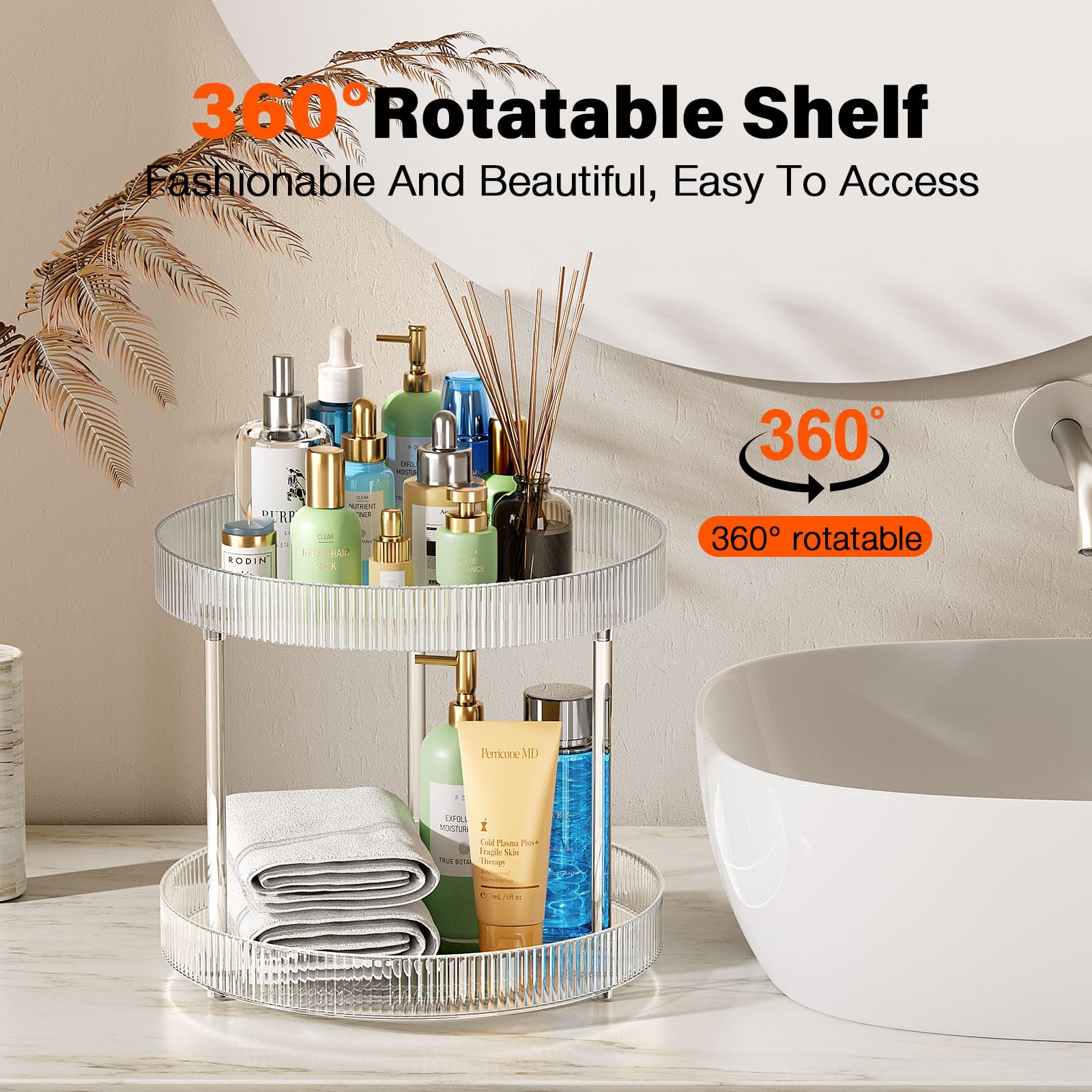Acina 2-Tier Bathroom Countertop Organizer: 360° Clear Lazy Susan Rotating Storage Tray - Spinning Perfume Cosmetics Vanity Shelf for Bathroom Cabinet, Kitchen (Large)