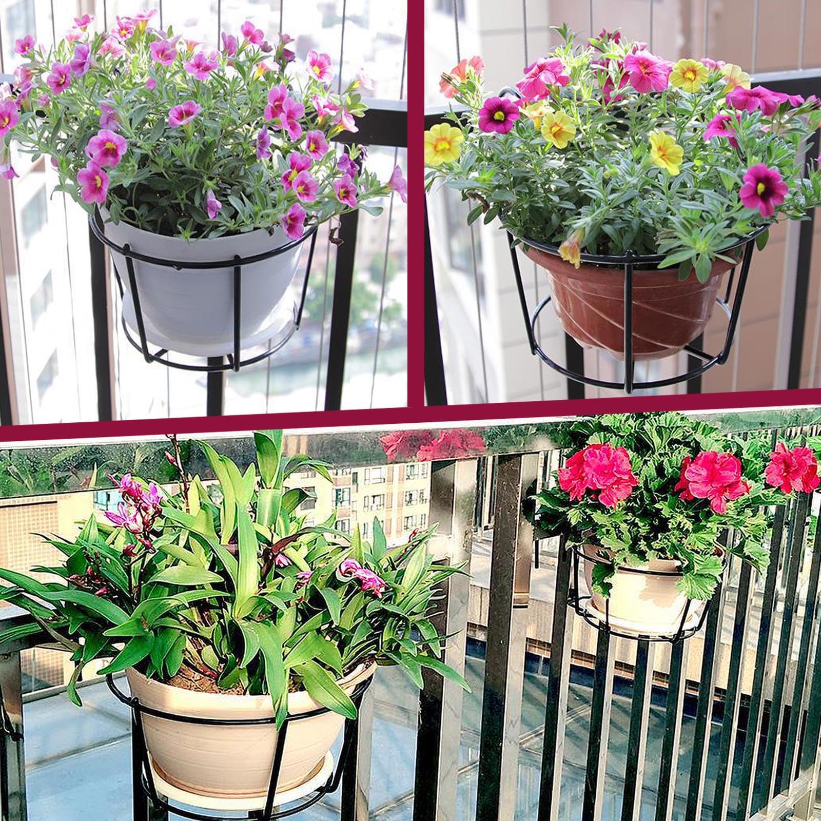 4 Pack Round Hanging Railing Planters, Flower Pot Holders, Metal Pot Plant Basket, Shelf containers for Indoor and Outdoor use (Black)