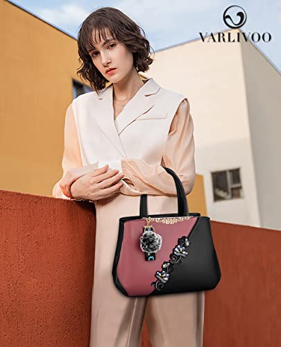 VARLIVOO Women Top-Handle Bag Flower Pattern Shoulder Bag Pom Pom Decoration Ladies Tote Bag Messenger Bag Travel Waterproof PU Leather