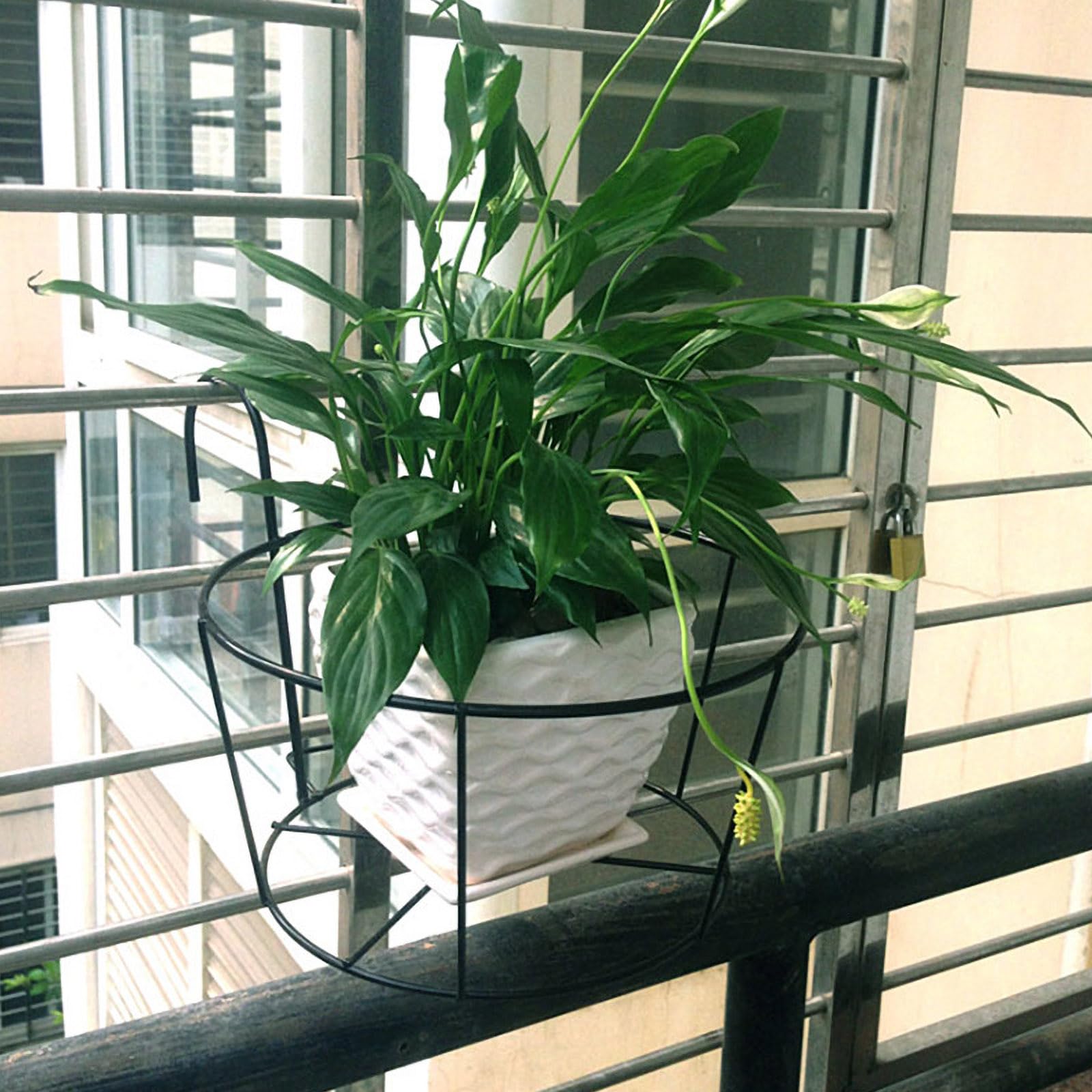 4 Pack Round Hanging Railing Planters, Flower Pot Holders, Metal Pot Plant Basket, Shelf containers for Indoor and Outdoor use (Black)