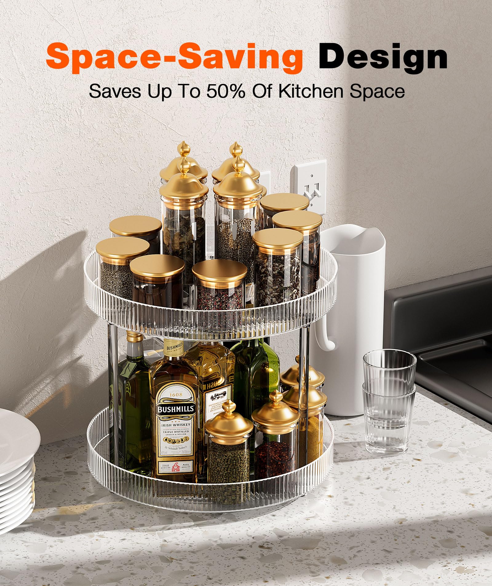 Acina 2-Tier Bathroom Countertop Organizer: 360° Clear Lazy Susan Rotating Storage Tray - Spinning Perfume Cosmetics Vanity Shelf for Bathroom Cabinet, Kitchen (Large)