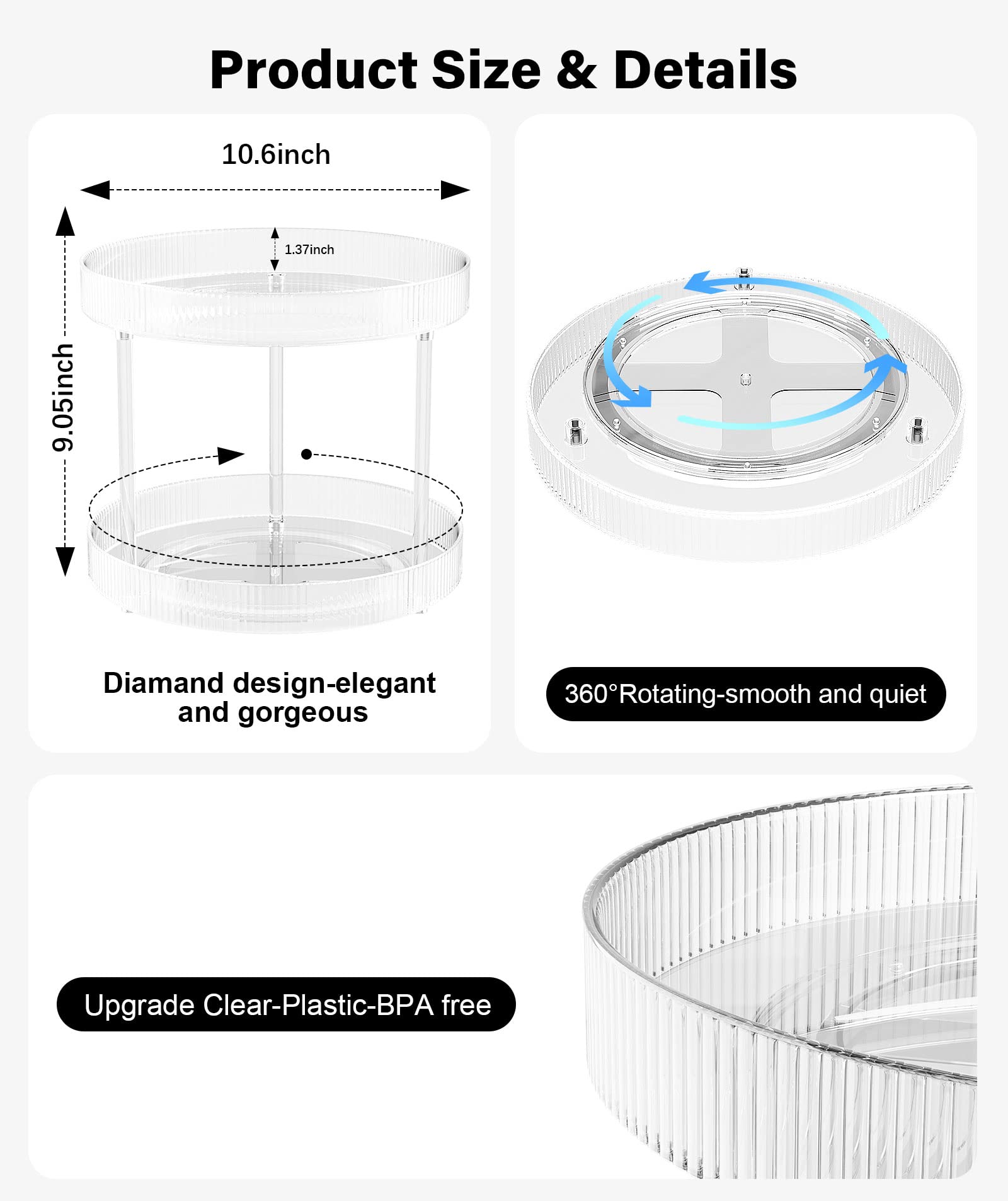 Acina 2-Tier Bathroom Countertop Organizer: 360° Clear Lazy Susan Rotating Storage Tray - Spinning Perfume Cosmetics Vanity Shelf for Bathroom Cabinet, Kitchen (Large)