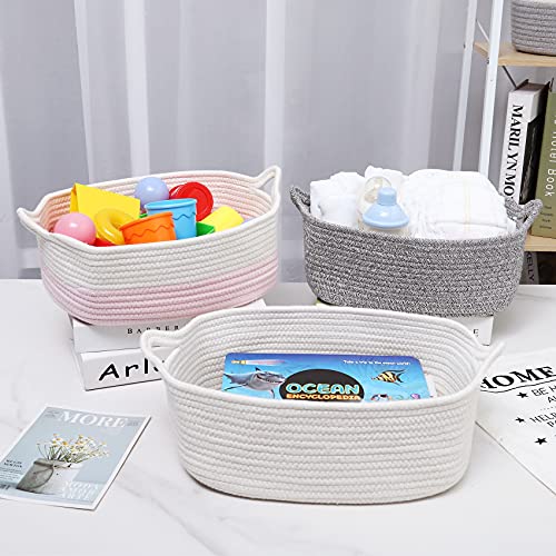 ABenkle Rope Basket, Small Storage Basket, Gift Basket, Rectangle Basket, Under Shelf Basket, Decorative Boho White Basket, Rope Woven Basket with Handle for Baby Dog Toy Egg Fruit Snack Towel Easter