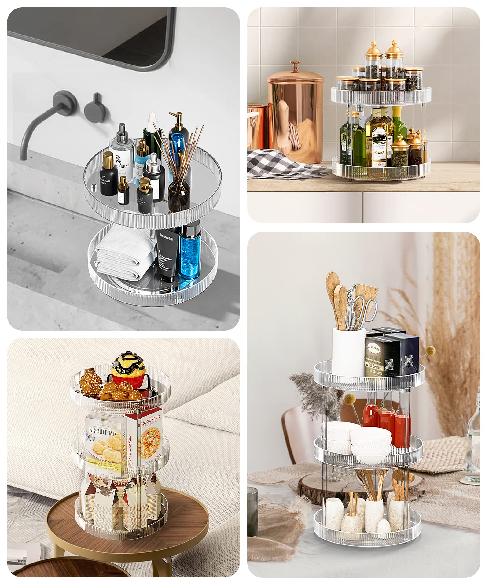 Acina 2-Tier Bathroom Countertop Organizer: 360° Clear Lazy Susan Rotating Storage Tray - Spinning Perfume Cosmetics Vanity Shelf for Bathroom Cabinet, Kitchen (Large)