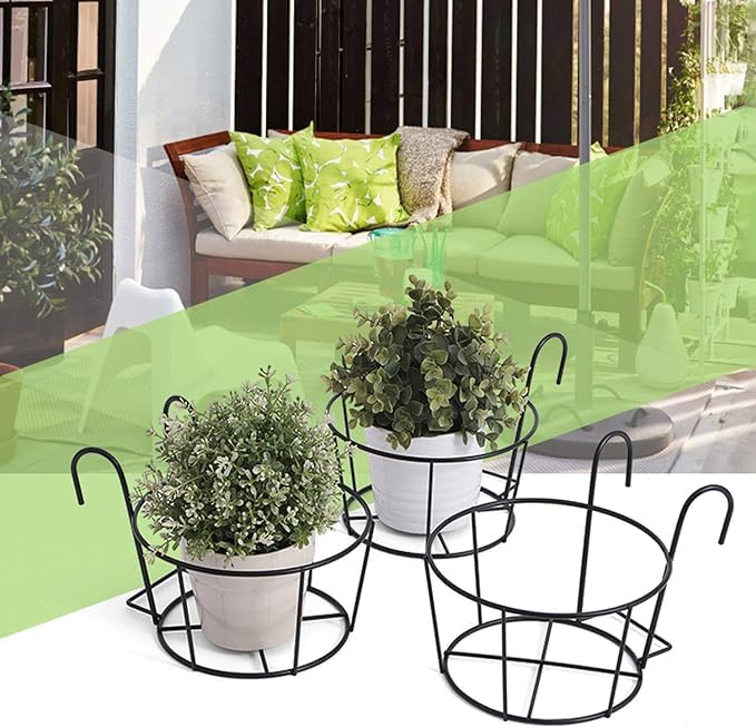4 Pack Round Hanging Railing Planters, Flower Pot Holders, Metal Pot Plant Basket, Shelf containers for Indoor and Outdoor use (Black)