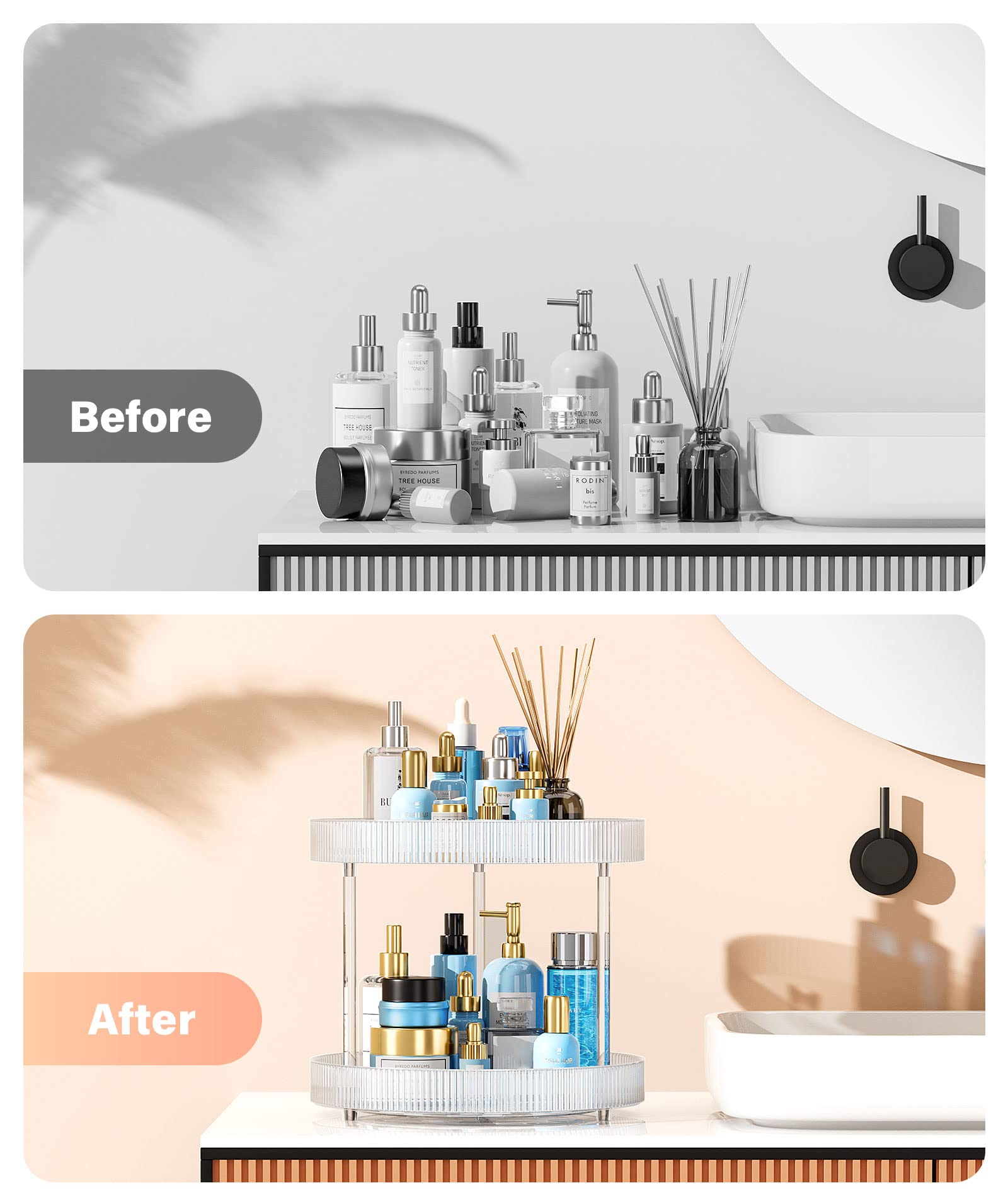 Acina 2-Tier Bathroom Countertop Organizer: 360° Clear Lazy Susan Rotating Storage Tray - Spinning Perfume Cosmetics Vanity Shelf for Bathroom Cabinet, Kitchen (Large)