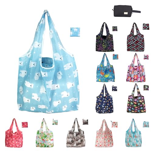 Harlang Heavy Duty Reusable Grocery Shopping Bag, Replace Paper and Plastic Bags Large, Strong, Waterproof, 50lbs Washable Recycle Bags Animal Pattern, 12 Pack w 1 Storage Bag
