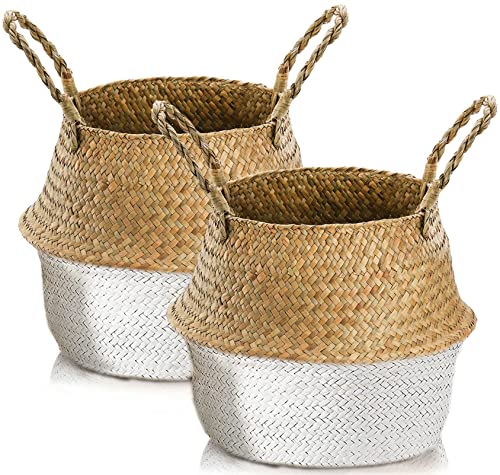 Yesland 2 Pcs Seagrass Plant Basket - Woven Picnic Basket with Handles - Ideal Belly Basket for Storage Plant Pot Basket, Laundry, Picnic, Plant Pot Cover, Beach Bag and Grocery Basket (L)
