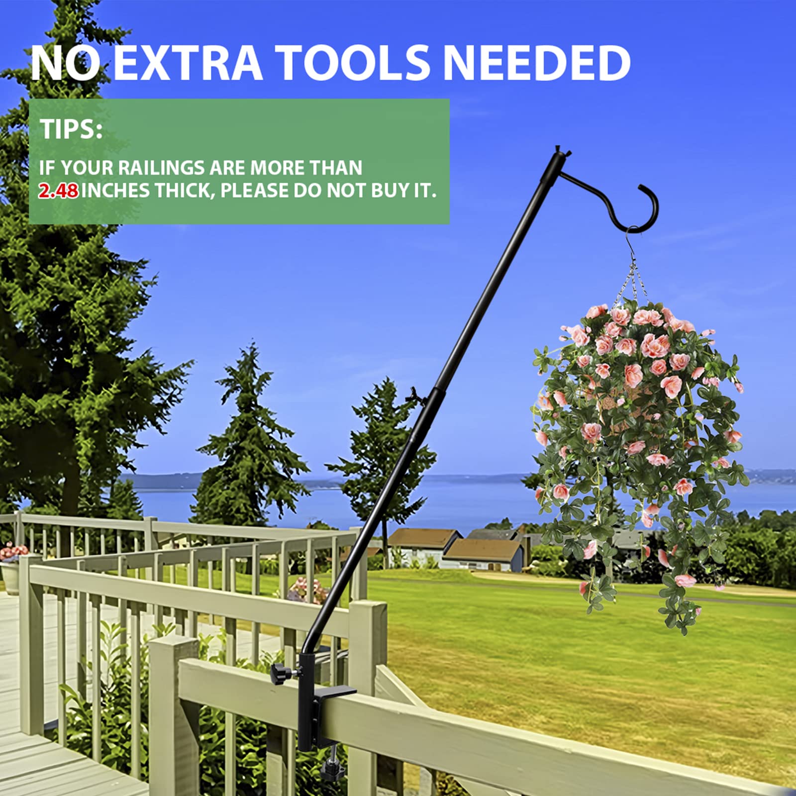 Funtife Deck Bird Feeder Hanger for Railing, 30Inch Heavy Duty Fence Deck Hook Pole, 360 Degree Horizontal Rotary Clamp-On for Hanging Outdoor Plant, Wind Chimes, Lanterns and More, 1Pack