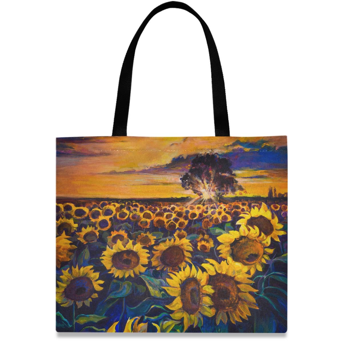 visesunny Women's Large Canvas Tote Shoulder Bag Vintage Sunflower And Sunset Top Storage Handle Shopping Bag Casual Reusable Tote Bag for Beach,Travel,Groceries,Books