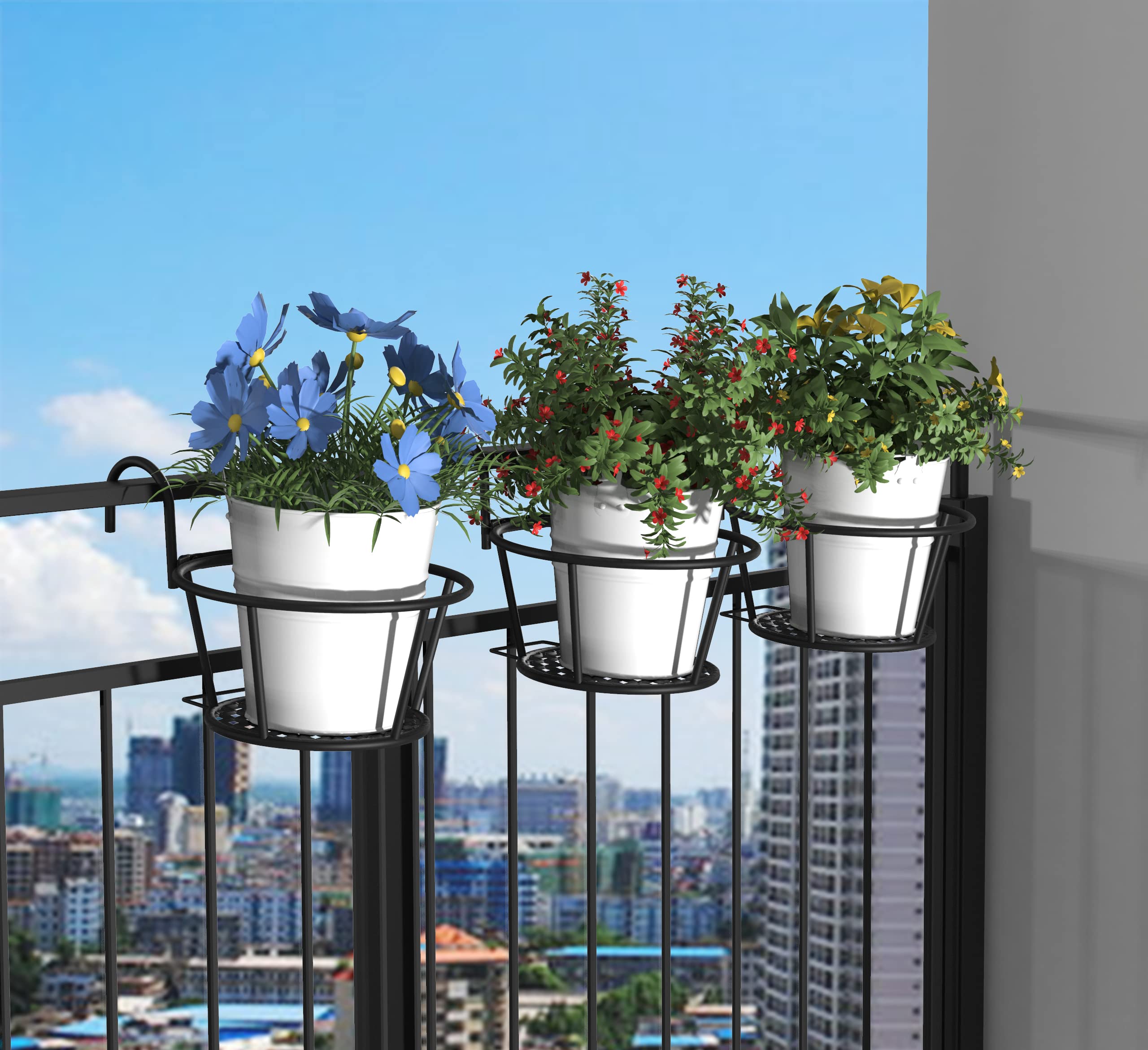 ORZ Railing Planter, Set of 3 Deck Flower Pot Holder Hanging Plant Flower Container for Outdoor Balcony Patio Fence, 6.5 inch Black