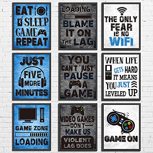 DRBLUEB 9 Pieces Video Game Themed Wall Art Print Poster, Game Themed Art Sign Print Room Wall Decoration Gift for Boys Bedroom Game Room Decorations Playroom Birthday Party Decor, No Frames 8” X 10”