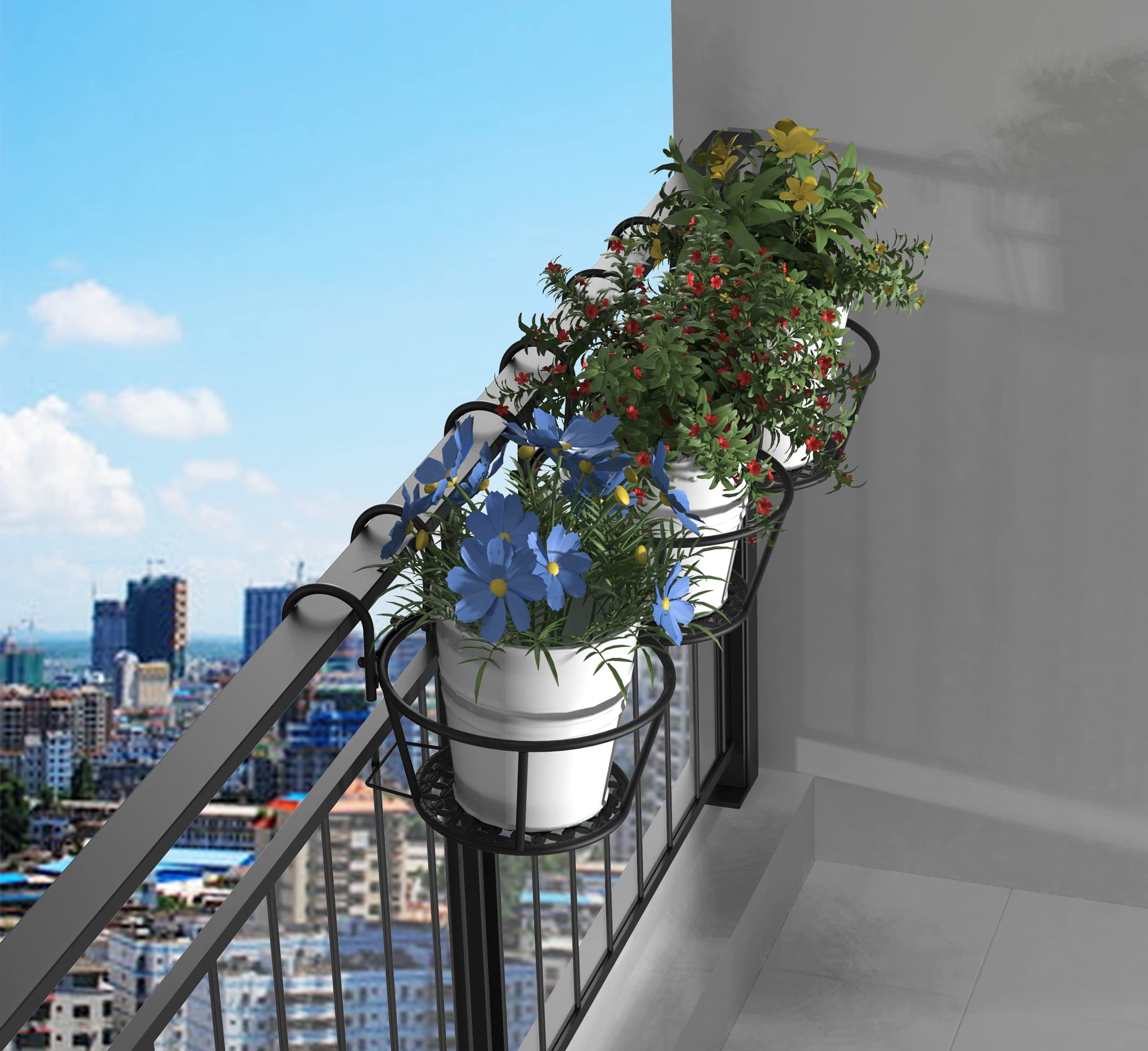 ORZ Railing Planter, Set of 3 Deck Flower Pot Holder Hanging Plant Flower Container for Outdoor Balcony Patio Fence, 6.5 inch Black