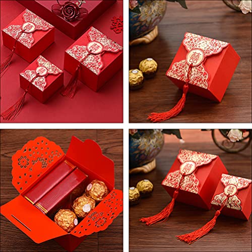 KESYOO 20pcs Wedding Party Favor Boxes Chinese Style Xi Candy Chocolate Gift Boxes with Tassels for Wedding Baby Shower Birthday Party (Red) L