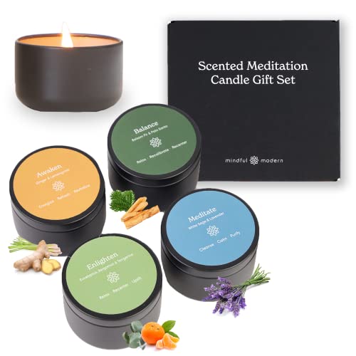 Mindful & Modern Natural Candle Gift Set | Palo Santo & Balsam Fir, Sage & Lavender, Ginger & Lemongrass, Eucalyptus, Bergamot & Tangerine | Stress Relief Aromatherapy Candles | Scented Home Fragrance