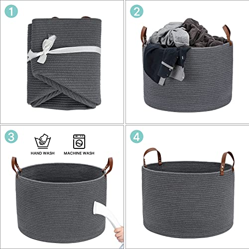 Large Baskets for Storage Cotton Rope Basket Laundry Basket Hamper- Hombins Woven Toy Bin Blanket Holder XXL Grey Collapsible Laundry Basket with Leather Handle, 20"X20"X13"