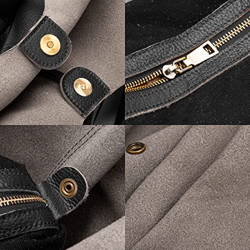 Women genuine leather hobo handbag: large capacity shopping bag tote shoulder purse black