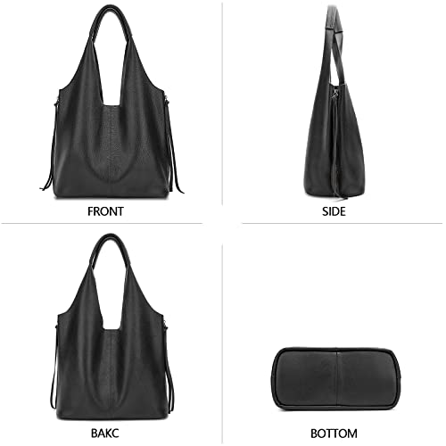 Women genuine leather hobo handbag: large capacity shopping bag tote shoulder purse black