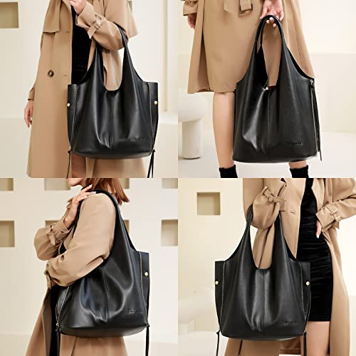 Women genuine leather hobo handbag: large capacity shopping bag tote shoulder purse black